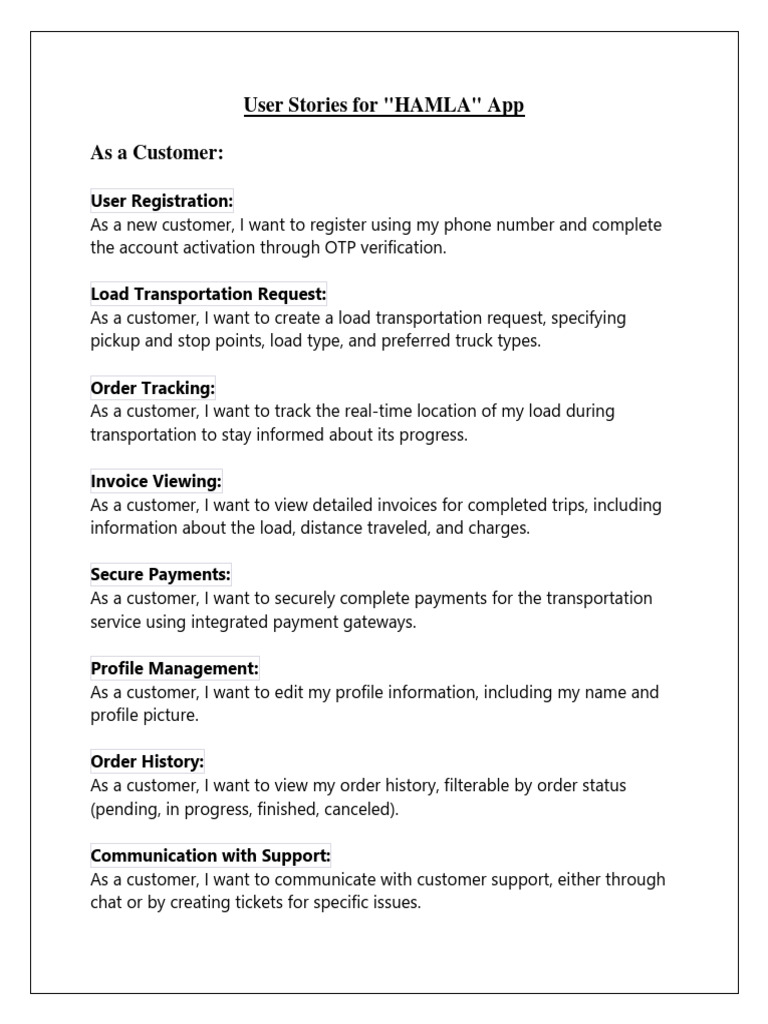 HAMLA User Stories | PDF | Invoice | Logistics HAMLA User Stories | PDF | Invoice | Logistics