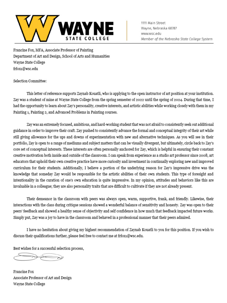 Art Instructor Reference Letter | PDF | Social Psychology | Cognition