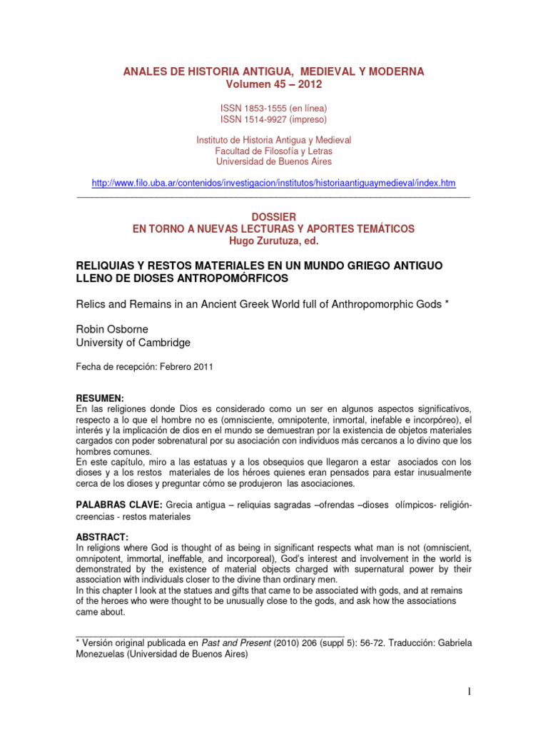 Reliquias Y Restos Materiales en Un Mundo Griego Antiguo | PDF | Troya ...