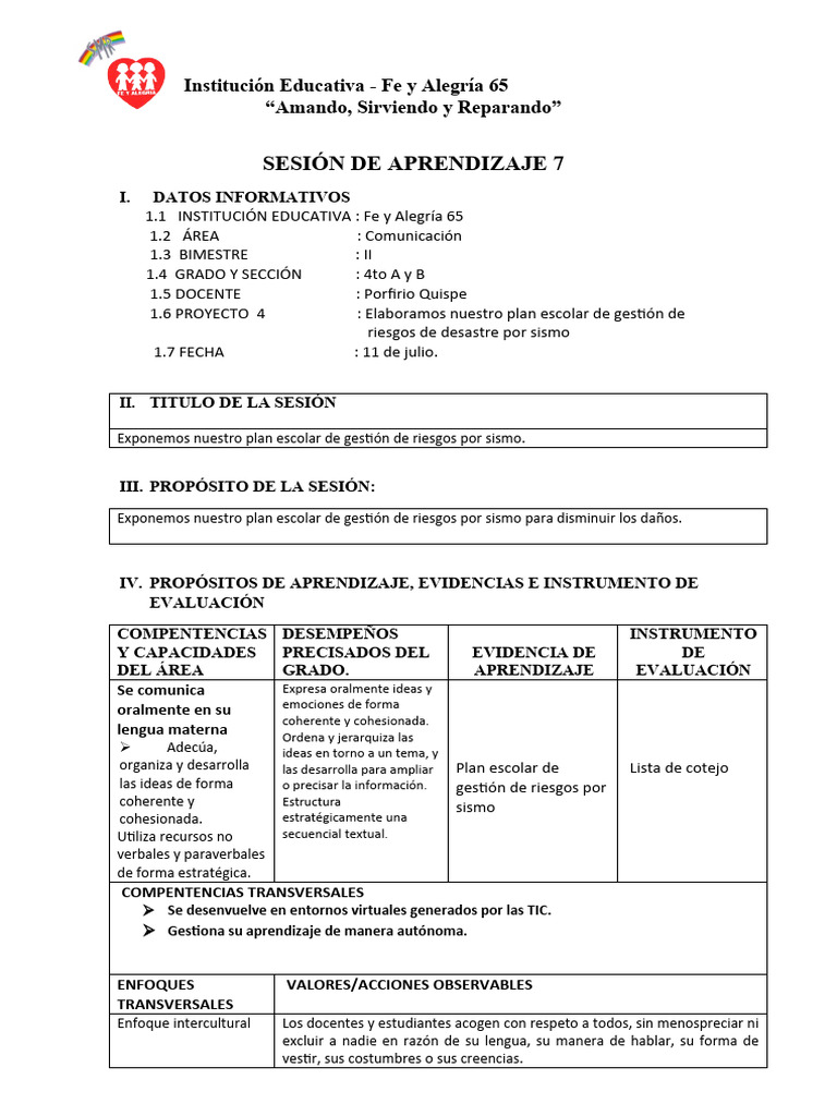 SESIÓN DE APRENDIZAJE 7 Exposición Gestión de Riesgos Por Sismos | PDF | Aprendizaje | Evaluación