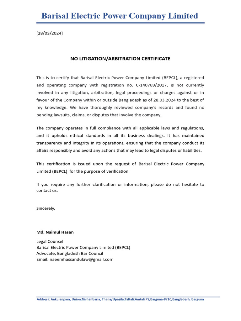 Sample No Litigation Certificate | PDF | Business | Law