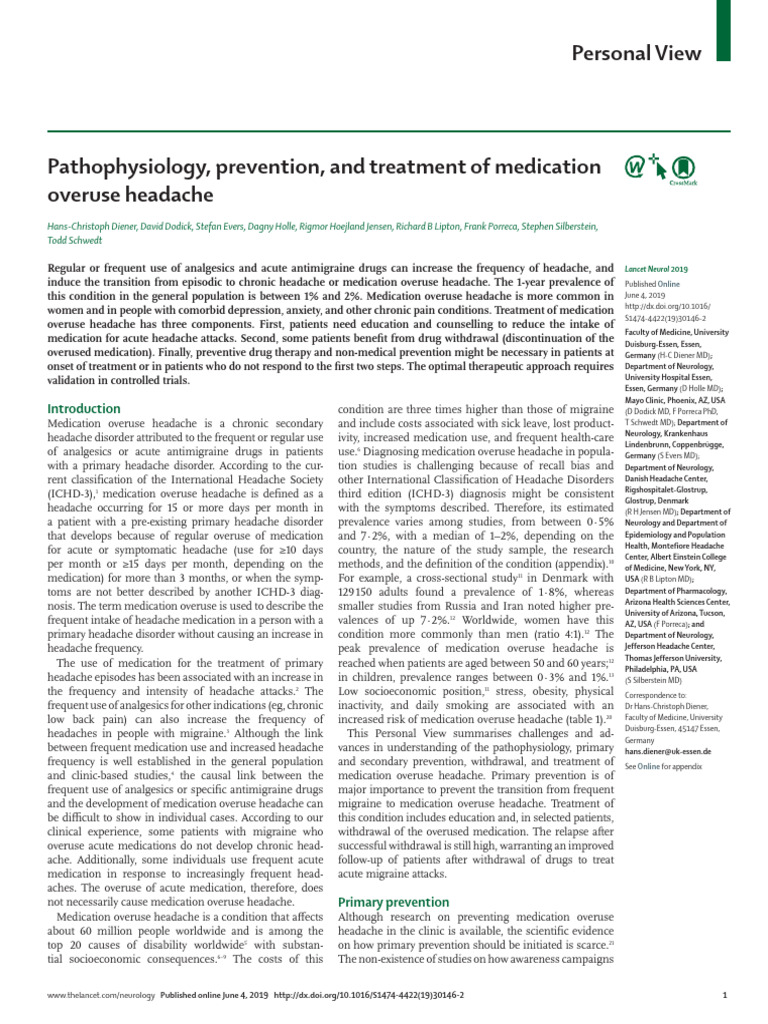 Pathophysiology of Medication Overuse Headache | PDF | Migraine | Headache