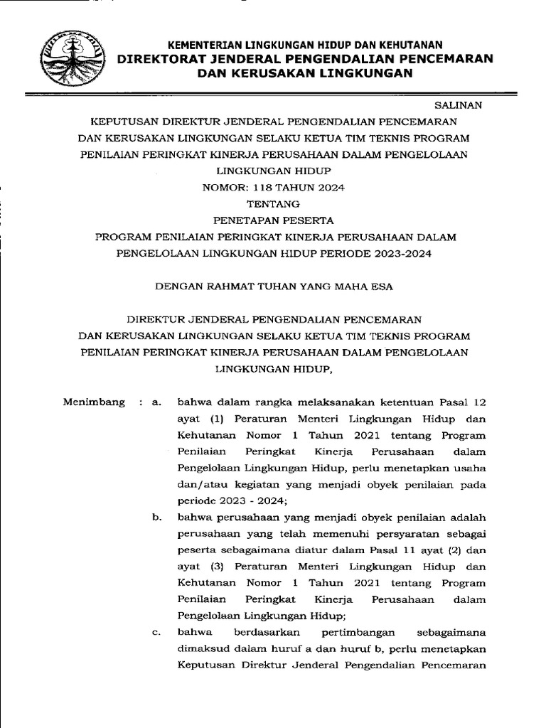 SK. 118 - Penetapan Peserta PROPER 2023-2024 | PDF
