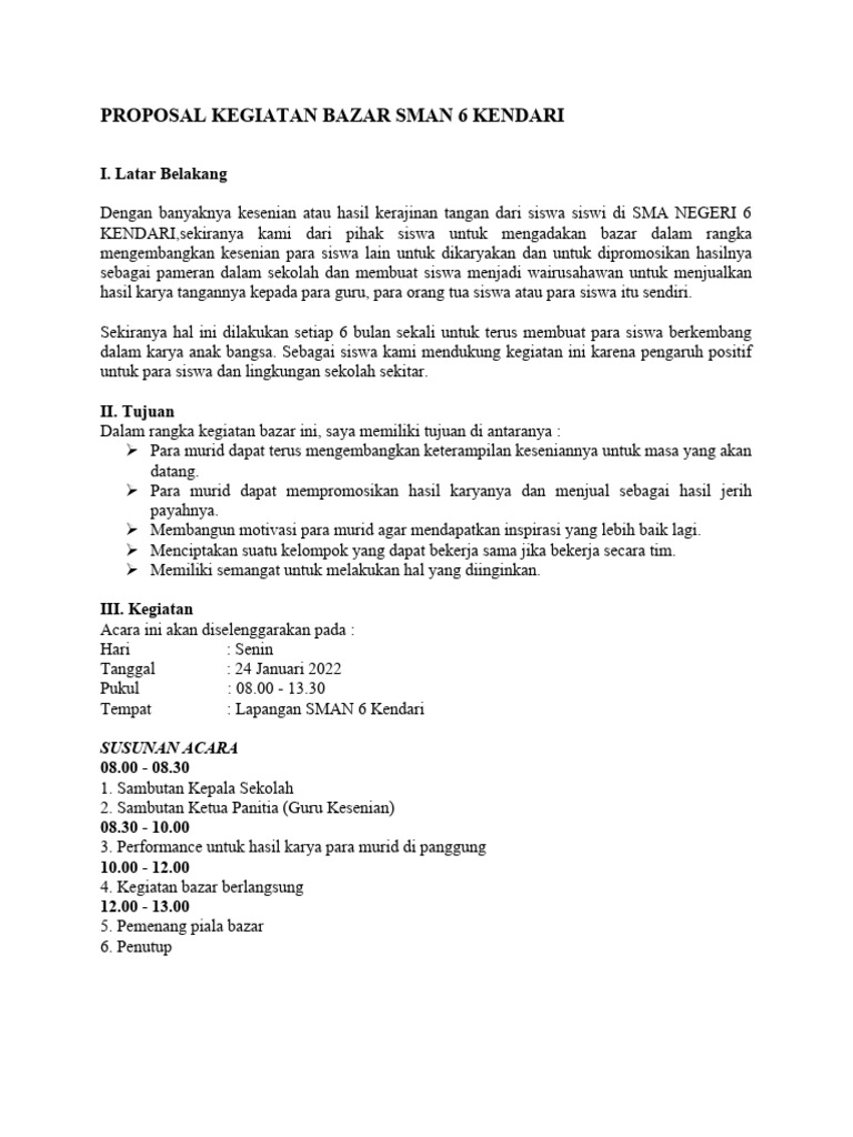 Proposal Kegiatan Bazar Sman 6 Kendari | PDF