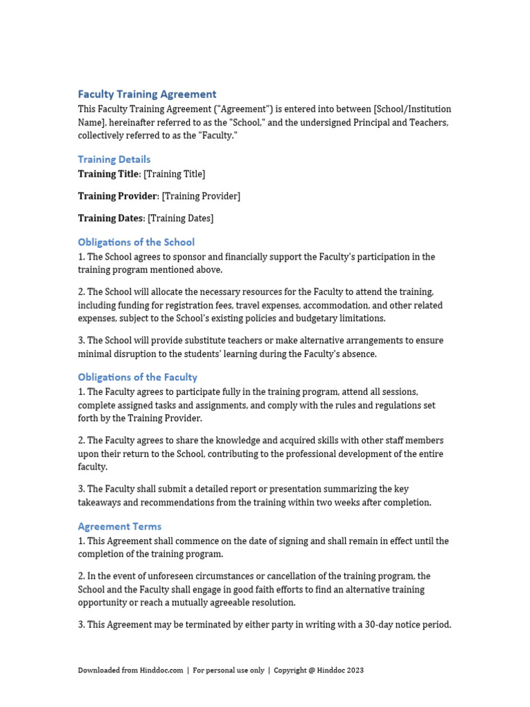 Faculty Training Agreement For Teacher Skill Development | PDF ...