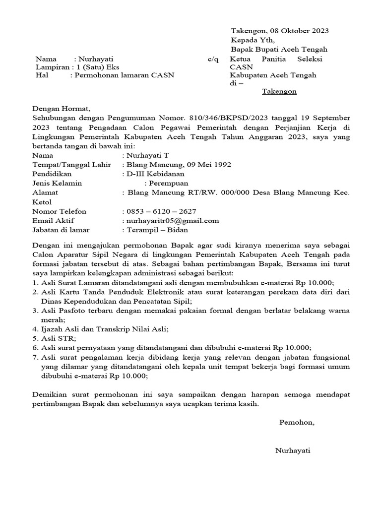 Surat Lamaran Dan Surat Pernyataan Ka Nur | PDF