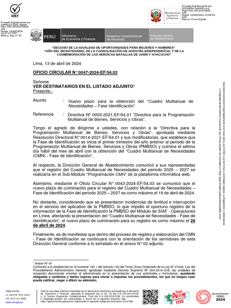 Oficio Circular N 0047 2024 Ef 54.03 R Firmado | PDF