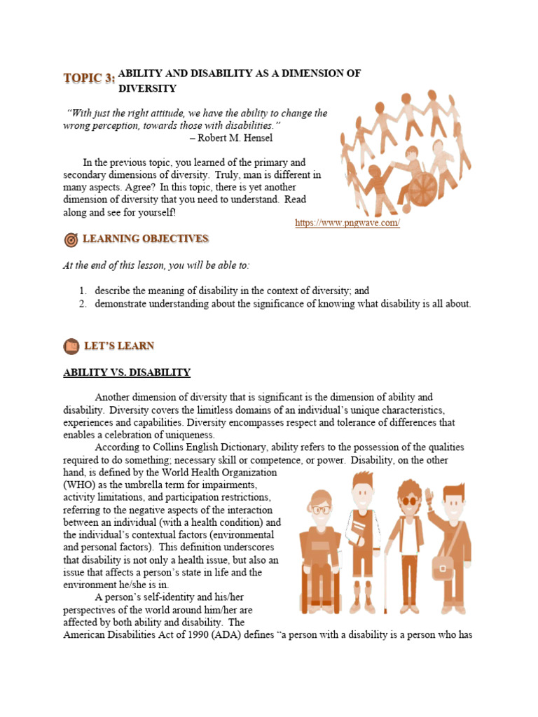 TOPIC 3 Ability Disability As A Dimension of Diversity | PDF | Disability | Americans With ...