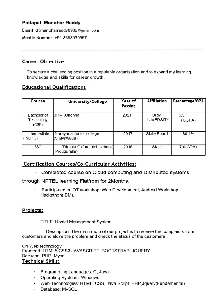Manohar Resume | PDF