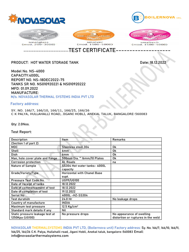 4000L Hot Water Tank Test Certificate - JPMC Mumbai Lot 1 | PDF ...