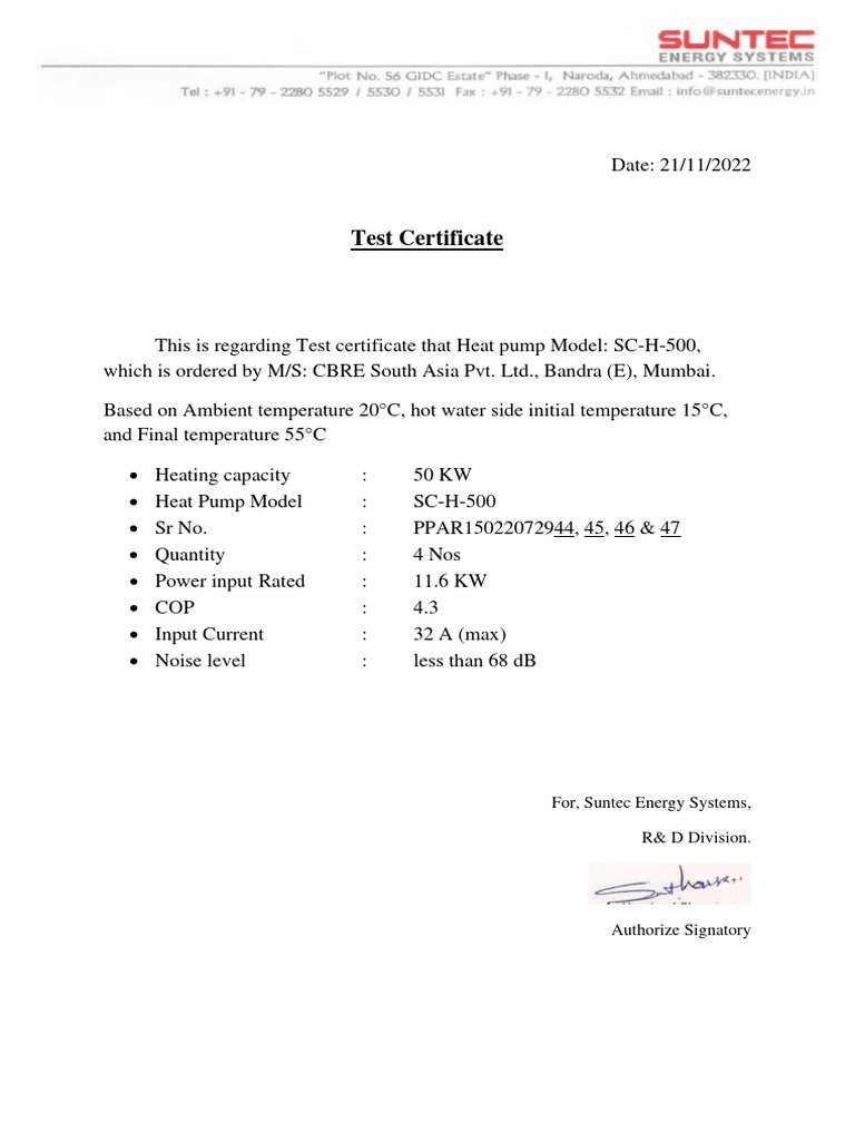 Test Certificate for SC-H-500 Heat Pump | PDF