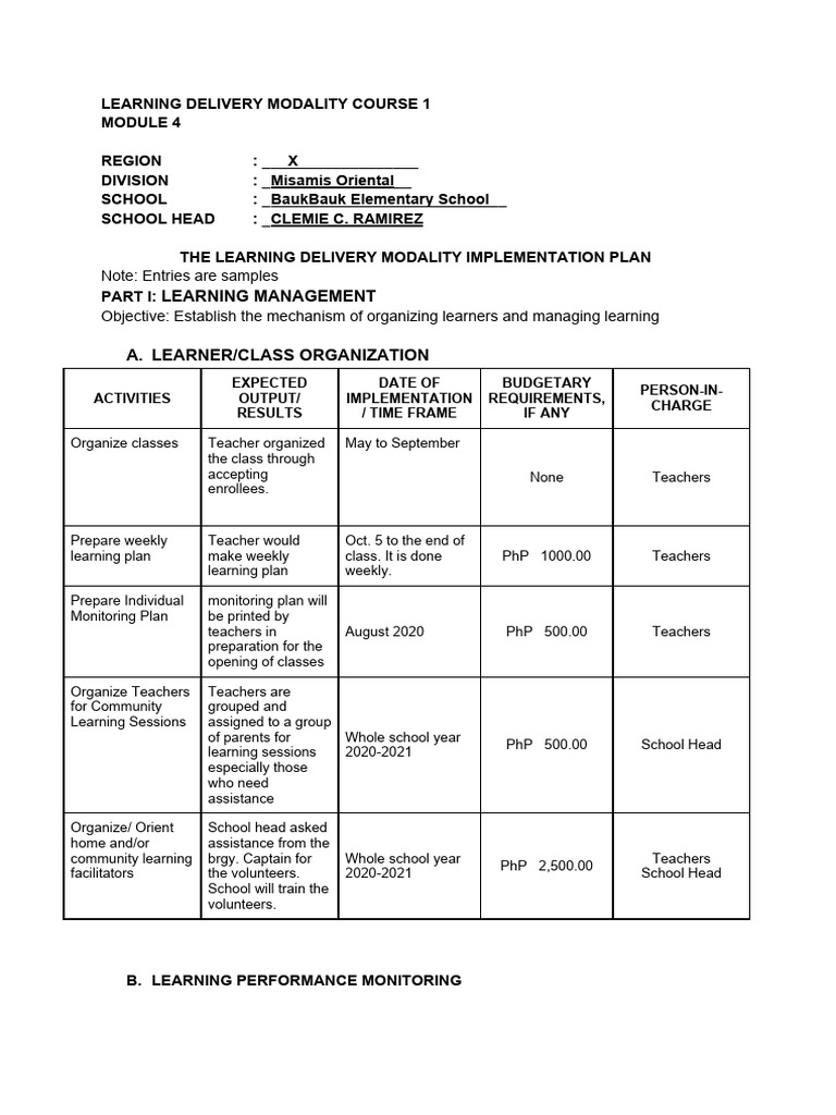 LDM1-Module-4-Implementation-Plan-Template-1-1 | PDF | Learning | Risk