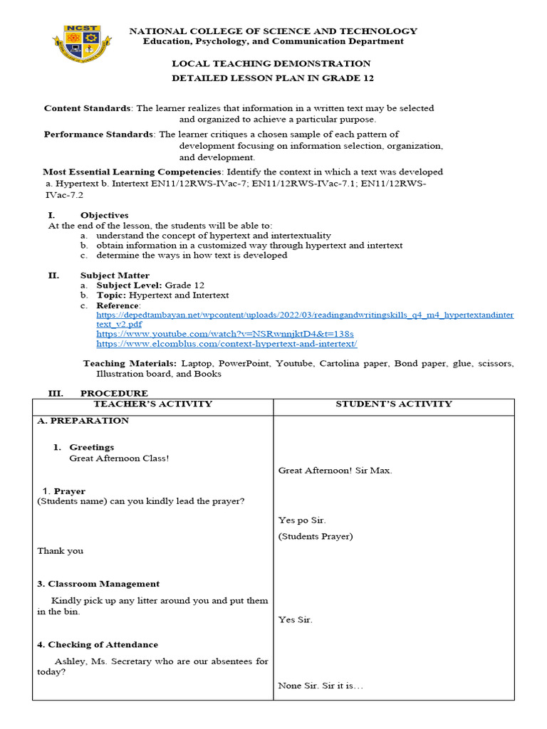 Grade 12 Lesson Plan: Hypertext & Intertext | PDF | Intertextuality