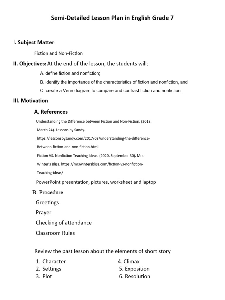 semi detailed lesson plan fiction and non fiction - Copy | PDF | Non ...