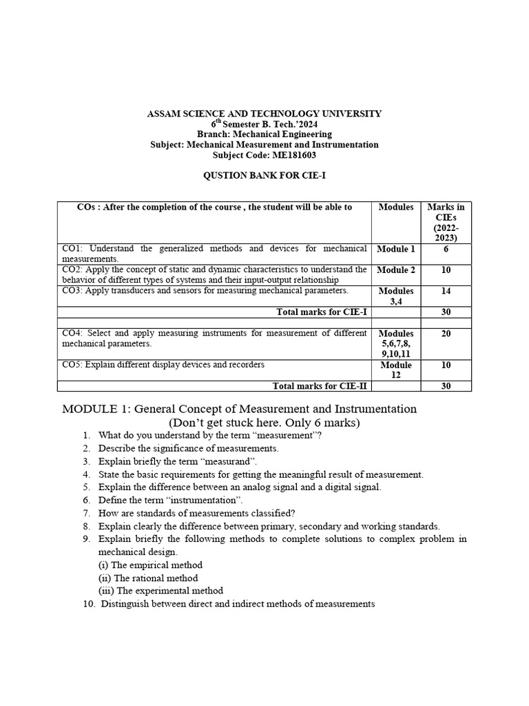 Question Bank CIE-I and CO wise marks distribution | PDF | Pressure Measurement | Instrumentation