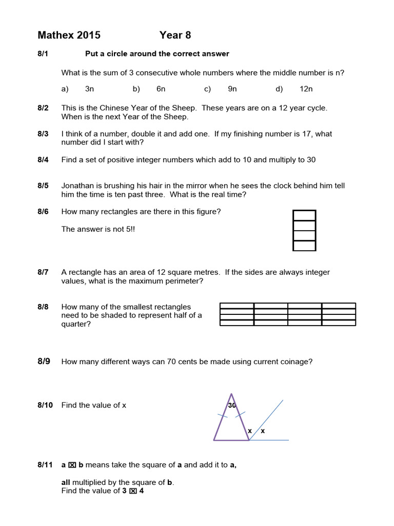 Year 8 Mathex Quiz 2015 Questions & Answers | PDF | Area | Number Theory