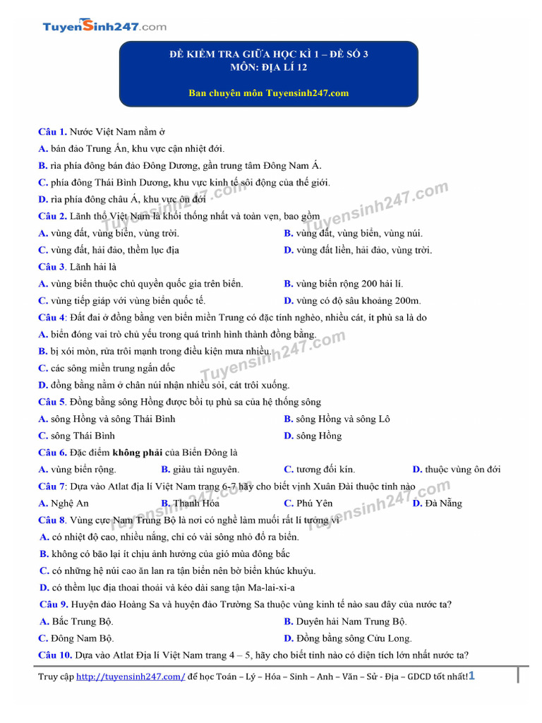 Đề Thi Giữa HK1 - Môn Địa Lớp 12 - Đề Số 3 (Có Lời Giải Chi Tiết) | PDF