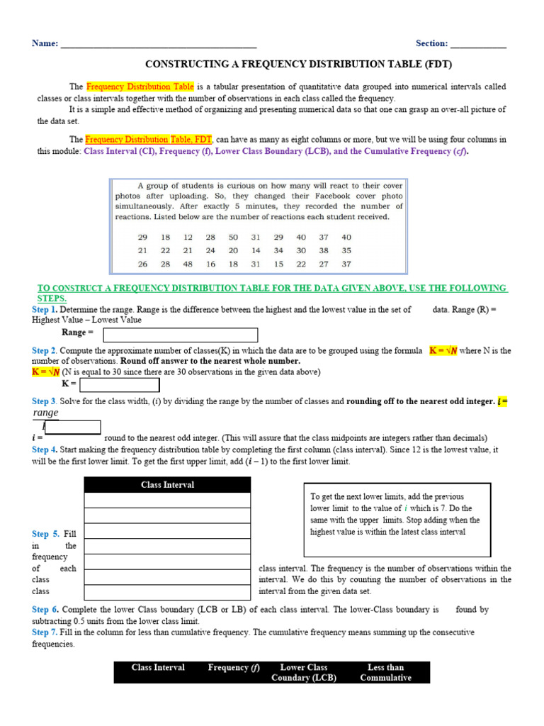 Constructing A Frequency Distribution Table | PDF | Numbers | Interval (Mathematics)