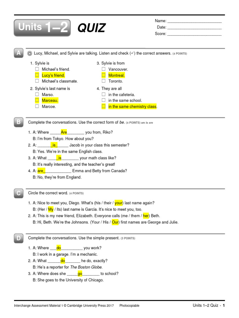 Primer Examen Unidades 1-2 Interchange 1a | PDF