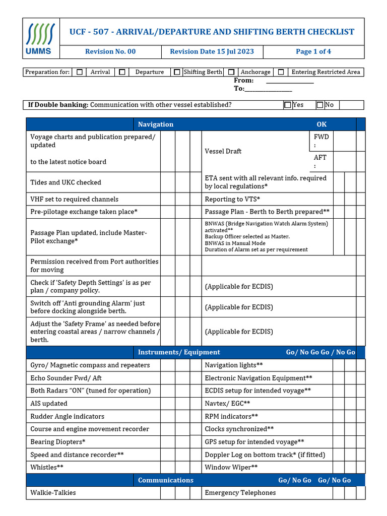 Ucf - 507 - Arrival - Departure - Shifting Berth Checklist | PDF ...