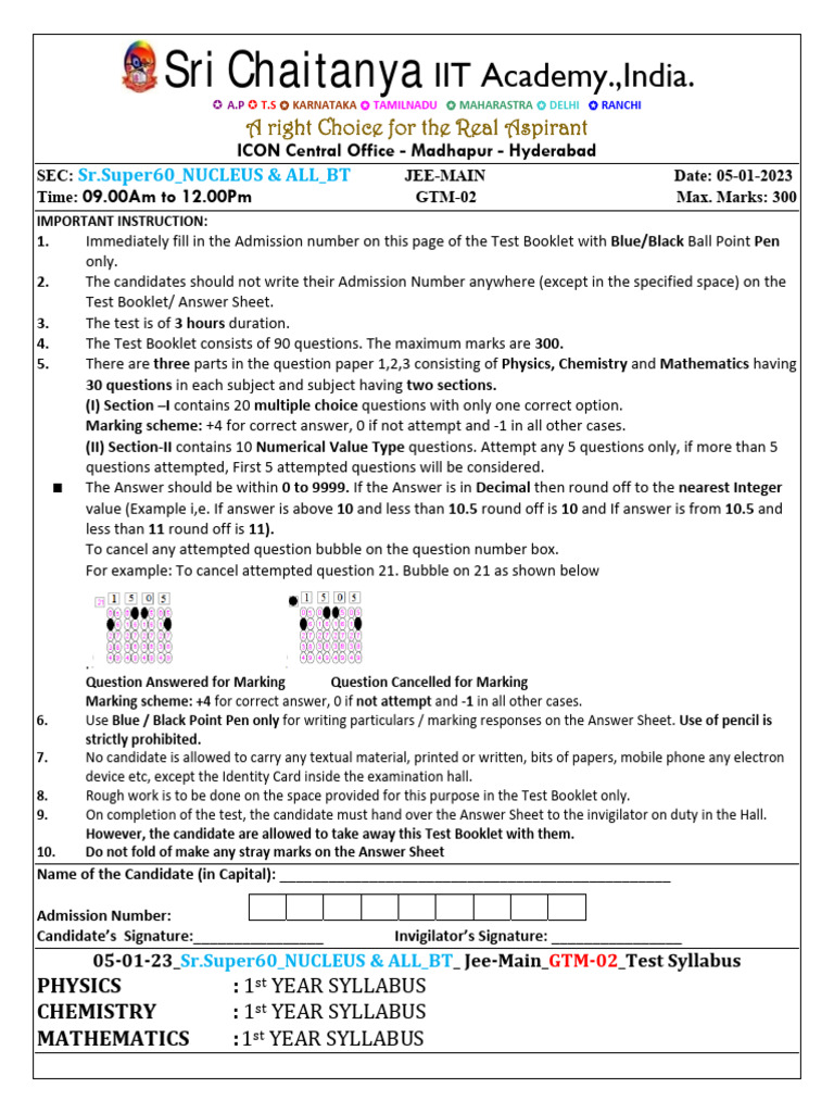 05-01-2023 - SR - Super60 - NUCLEUS & ALL - BT - Jee-Main-GTM-02-First Year Syllabus - Q.PAPER ...