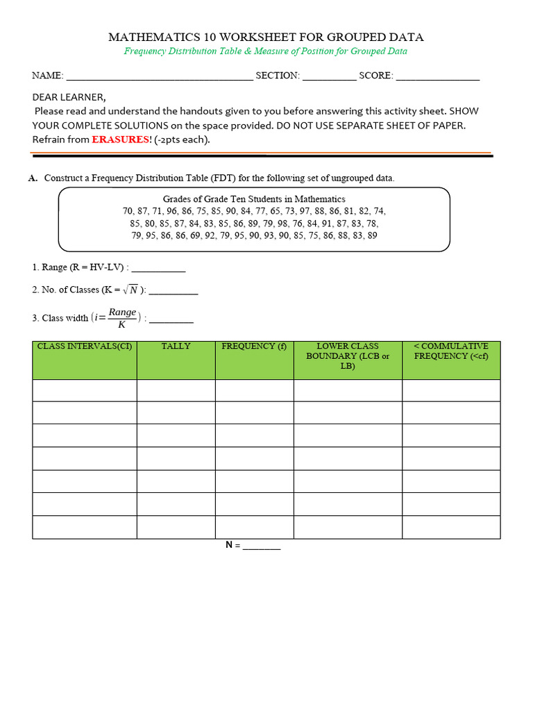 Mathematics 10 Worksheet For Grouped Data Pdf 
