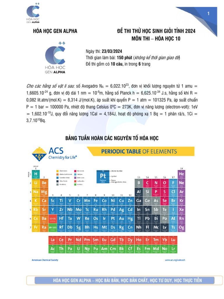 Hóa học gen alpha - Hóa 10 - Đề thi thử HSG tỉnh 2024 | PDF