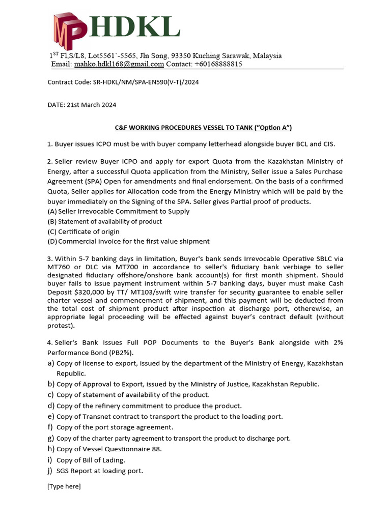 CIF Procedures Vessel To Tank | Download Free PDF | Letter Of Credit | Bill Of Lading