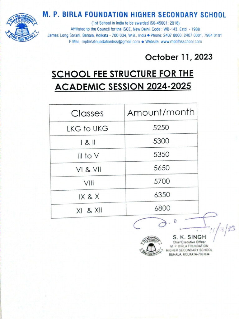 School Fee Structure 2024 25 | PDF