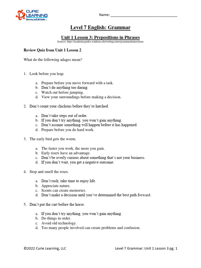 L7 English Grammar - Unit 1 Lesson 3 | PDF | Preposition And ...