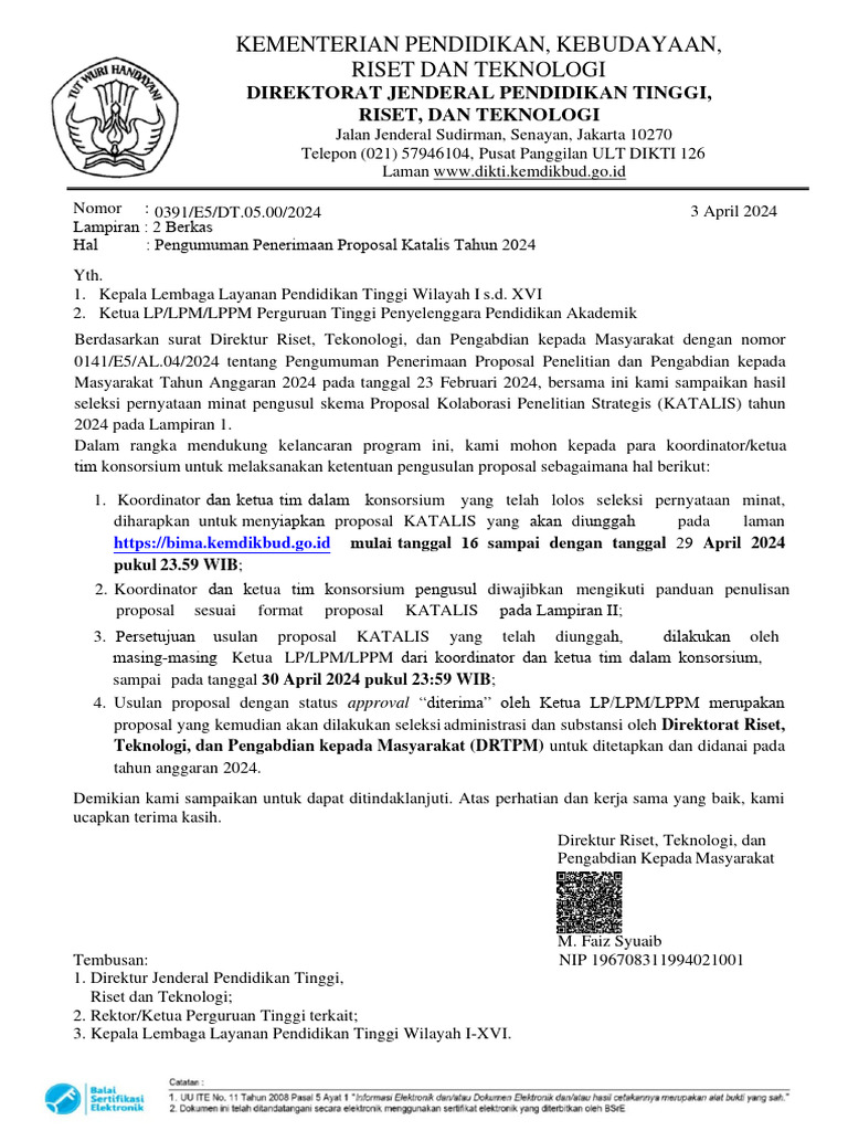 Pengumuman Penerimaan Proposal KATALIS 2024 | PDF
