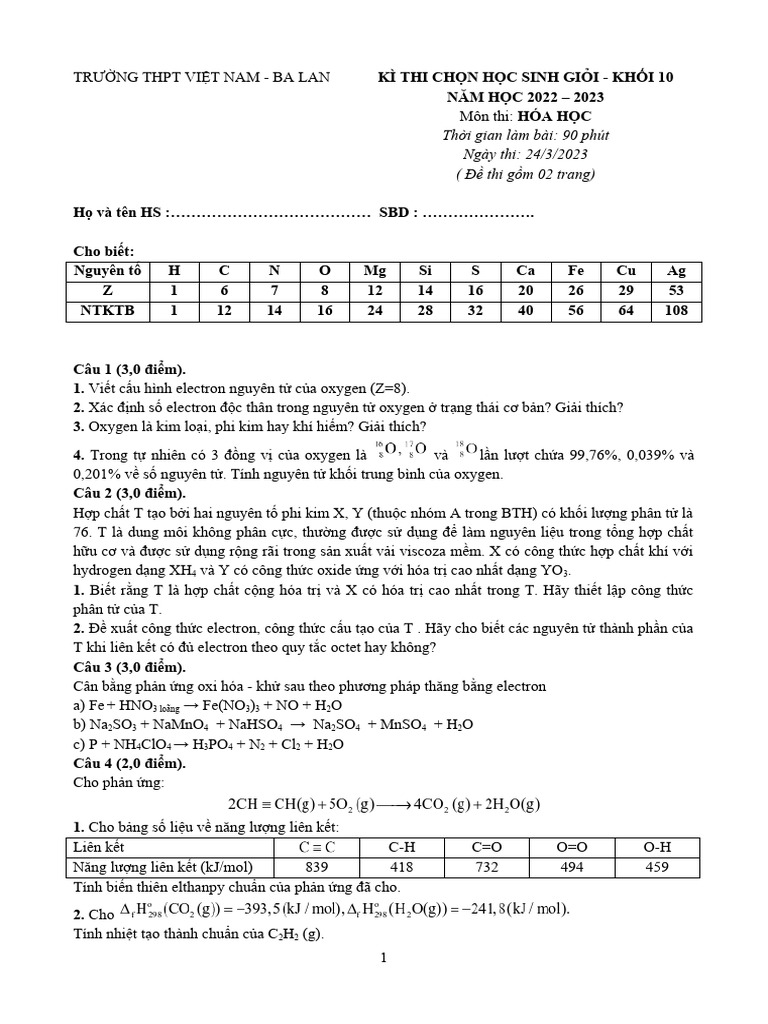 ĐỀ-HSG-HÓA-10-2022-2023-Thuy-VB | PDF