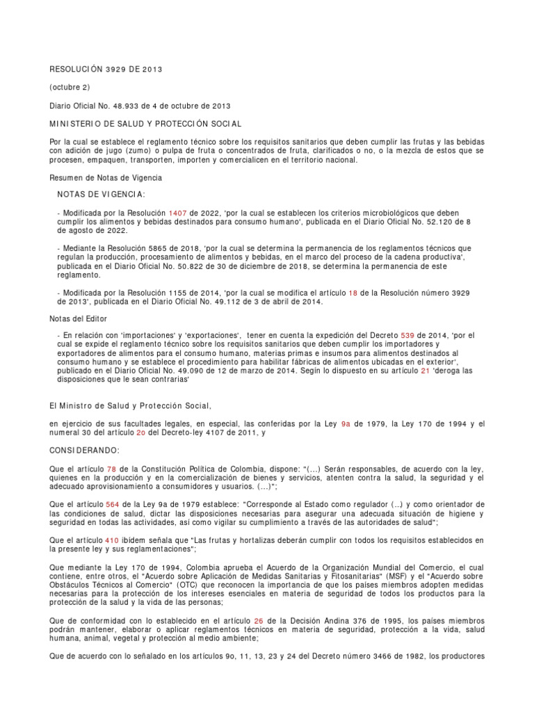Resolucion Minsaludps 3929 2013 | PDF | Decapado | Fruta