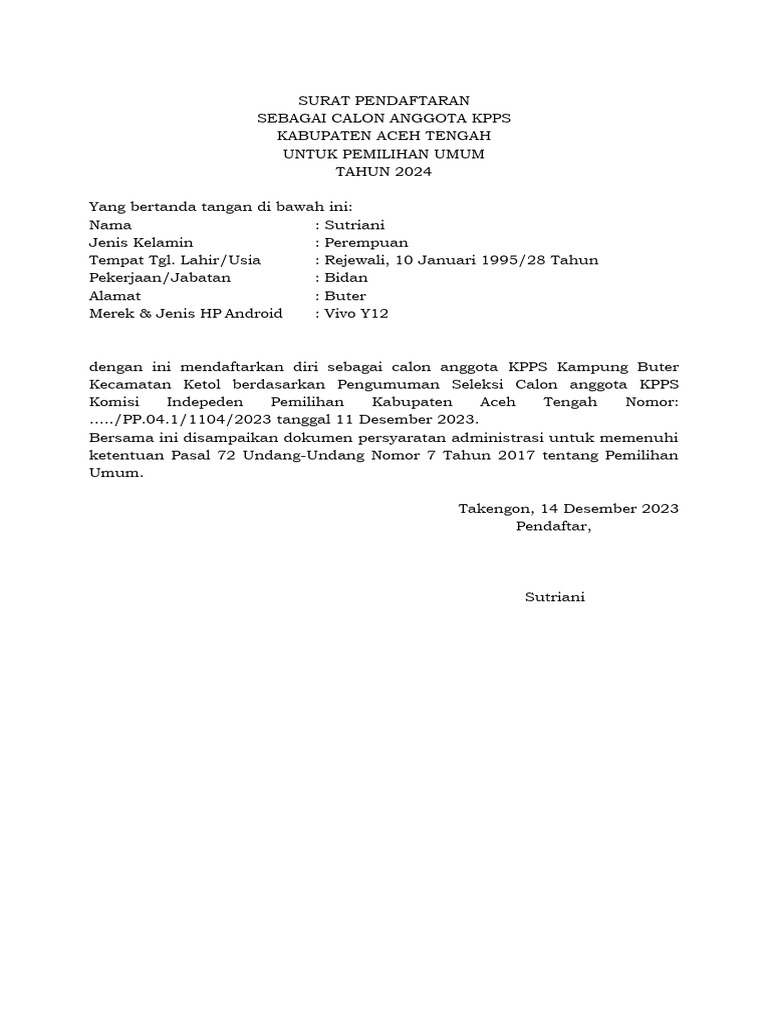 Lampiran Formulir Pendaftaran KPPS Yani | PDF