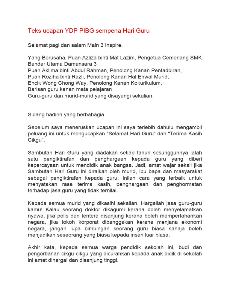 Teks Ucapan YDP PIBG Sempena Hari Guru | PDF