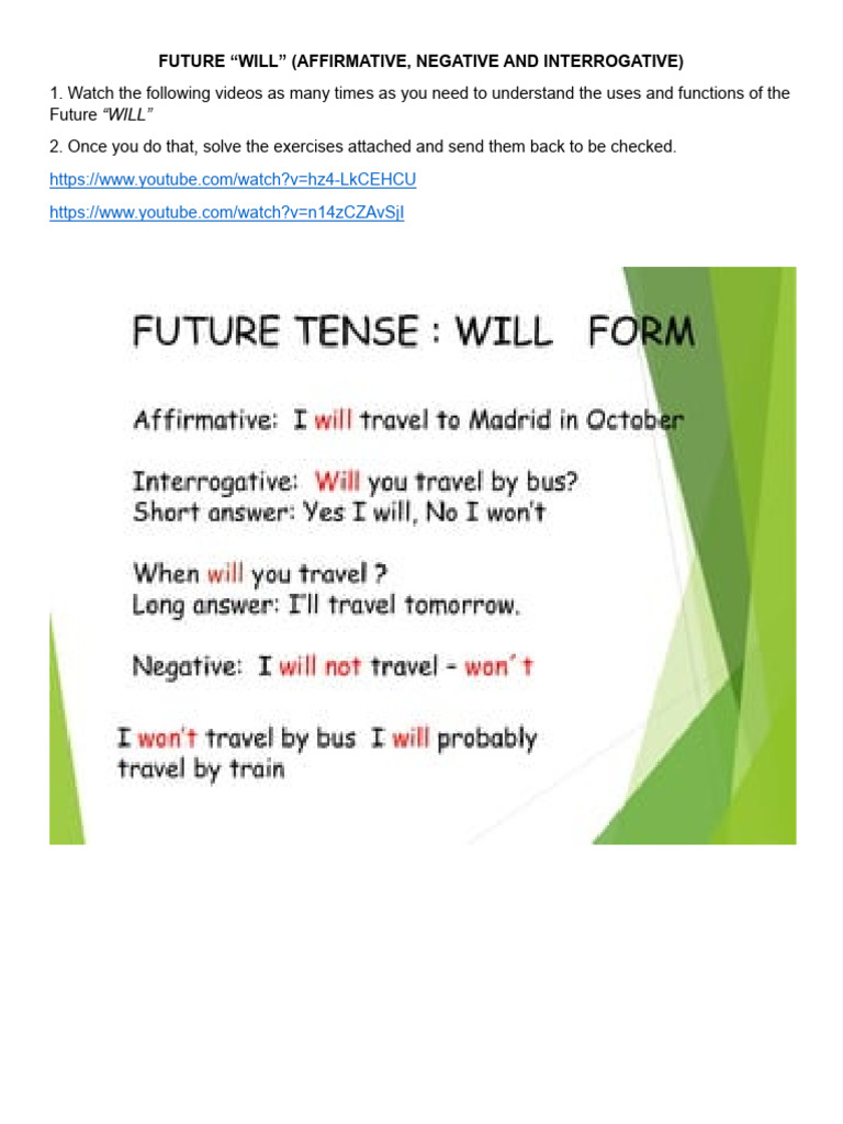 Future "Will" (Affirmative, Negative and Interrogative) | PDF