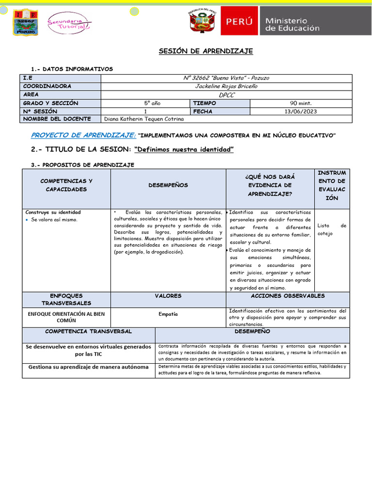 Sesión #1 - Definimos Nuestra Identidad - DPCC - 5to Año Sec | PDF | Aprendizaje | Maestros