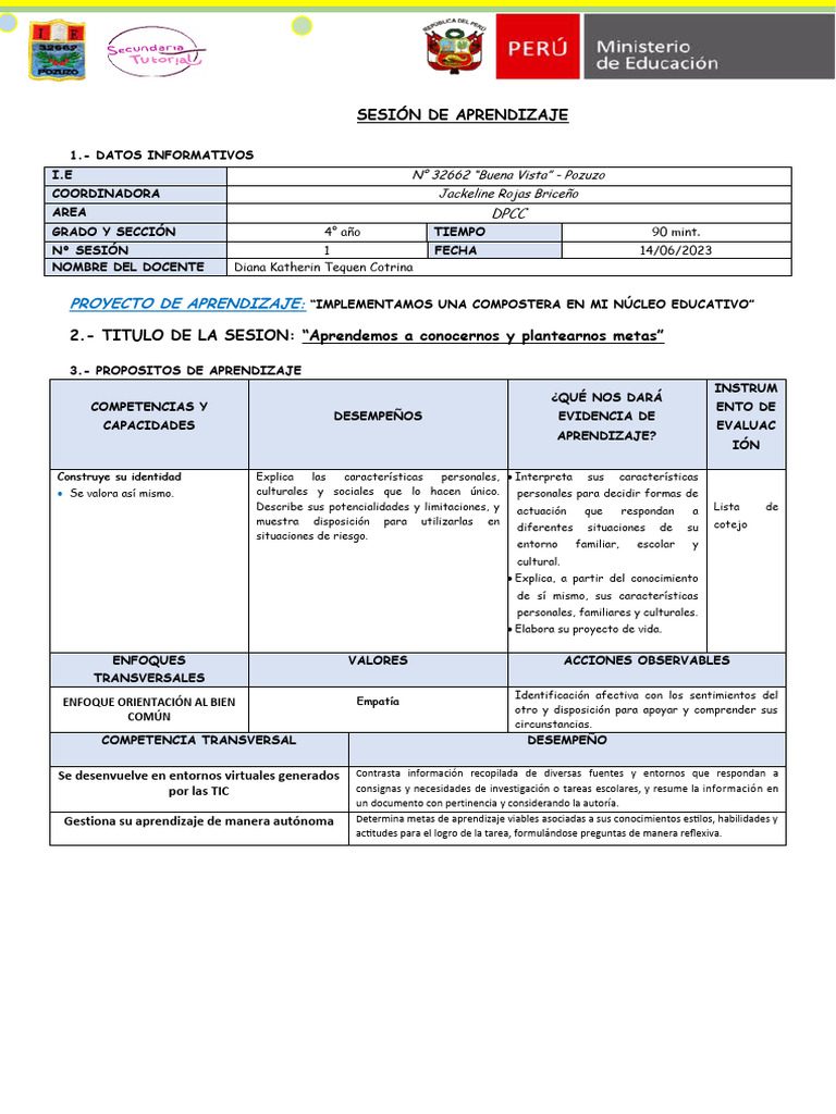 Sesión #1 - Proyecto de Vida - DPCC - 4to Año Sec | PDF | Aprendizaje | Maestros