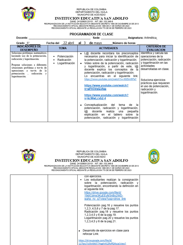 Programador de Clase Matematicas Grado Quinto | PDF | Matemáticas