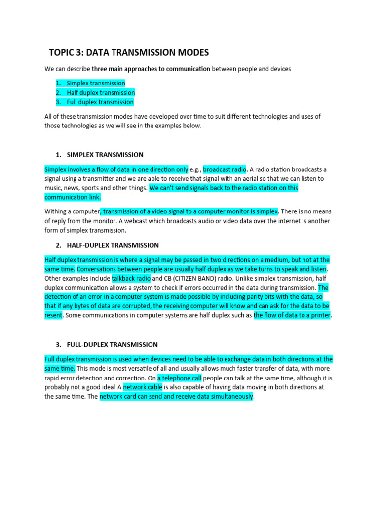 Topic 3 DATA TRANSMISSION MODES | PDF | Duplex (Telecommunications ...