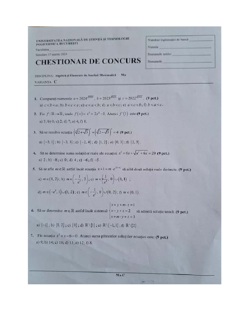 Algebra Si Analiza Matematica Subiect C Simulare 2024 | PDF