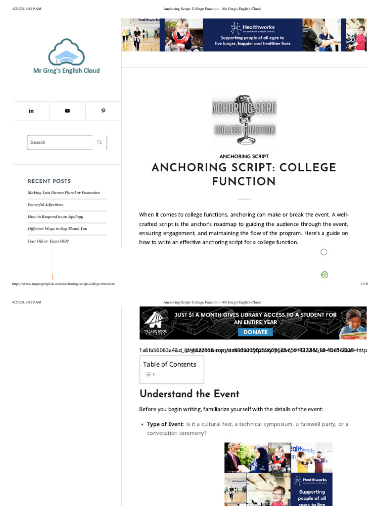 Anchoring Script - College Function - MR Greg's English Cloud | PDF ...
