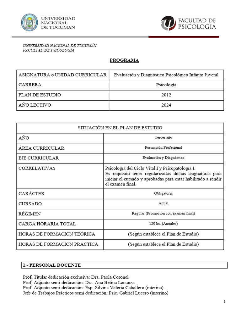 Programas 2024 - Plan 2012 Evaluac y Diag Infanto Juvenil | PDF | Escala de inteligencia para ...