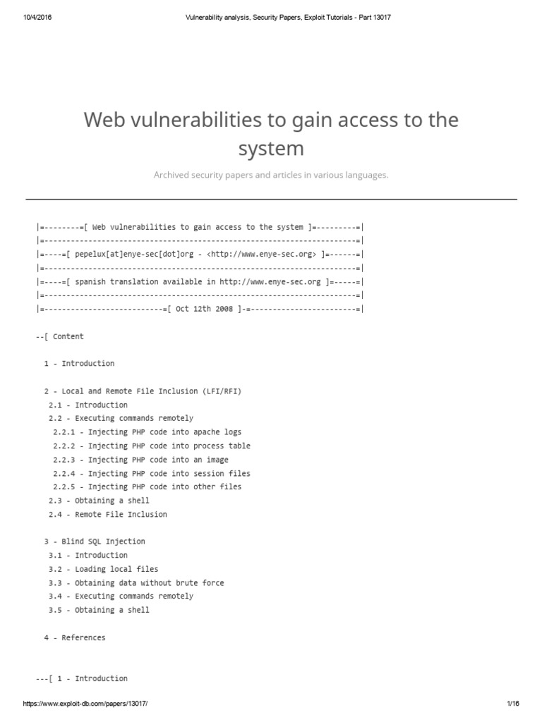 Vulnerability Analysis, Security Papers, Exploit Tutorials Part | PDF | Php | Networking