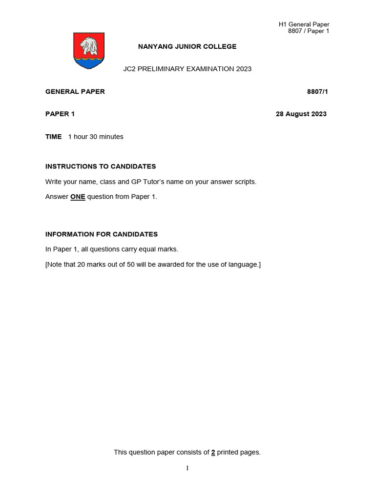 NYJC 2023 H1 General Paper 8807 P1 | PDF | Science & Mathematics
