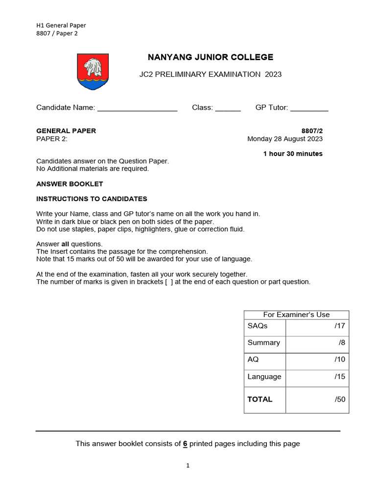 NYJC 2023 H1 General Paper 8807 P2 Ans Booklet | PDF | Human Communication