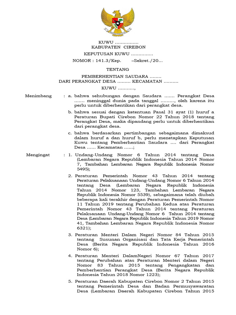 Draft SK Pemberhentian Perangkat Desa Meninggal Dunia NEW | PDF