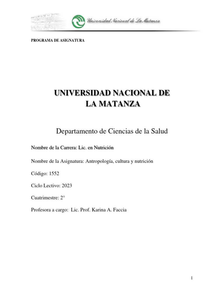 1552 ANTROPOLOGIA CULTURA NUTRICION Programa 2c 2023 Editado | PDF ...