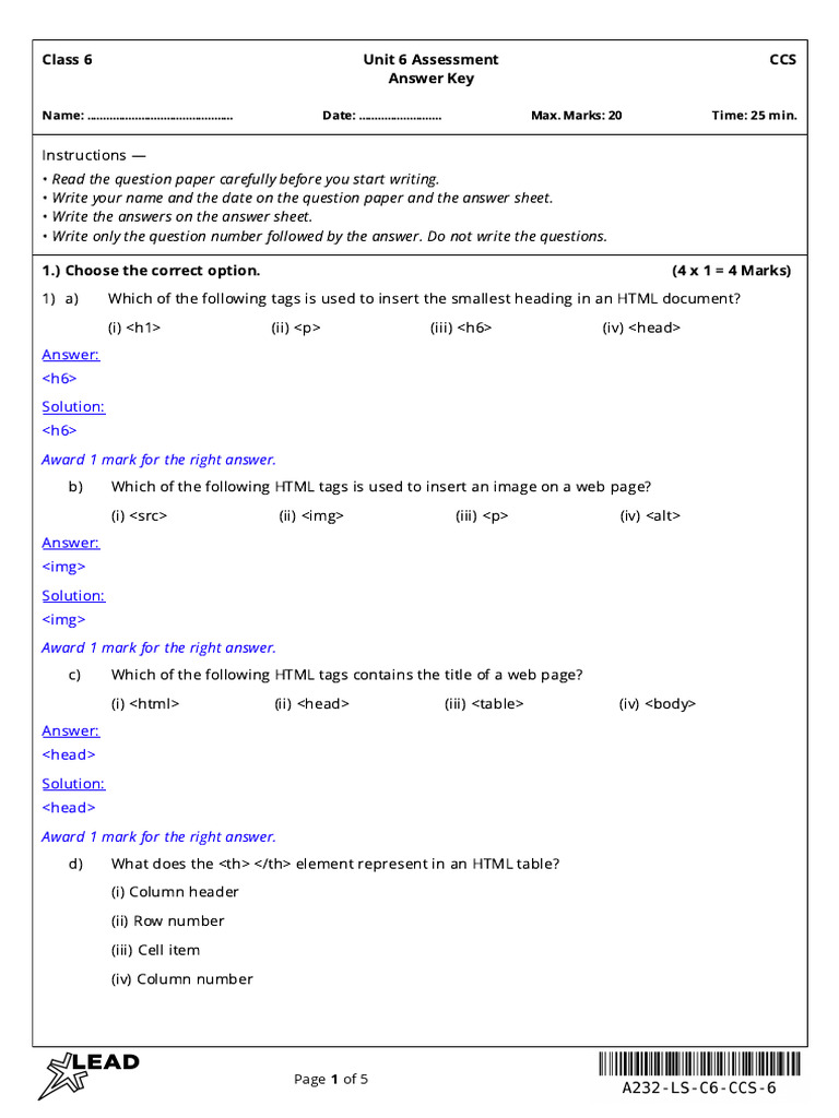 Class6 - CCS - ASM-1 - AnswerKey 4175 | PDF | Html Element | Html