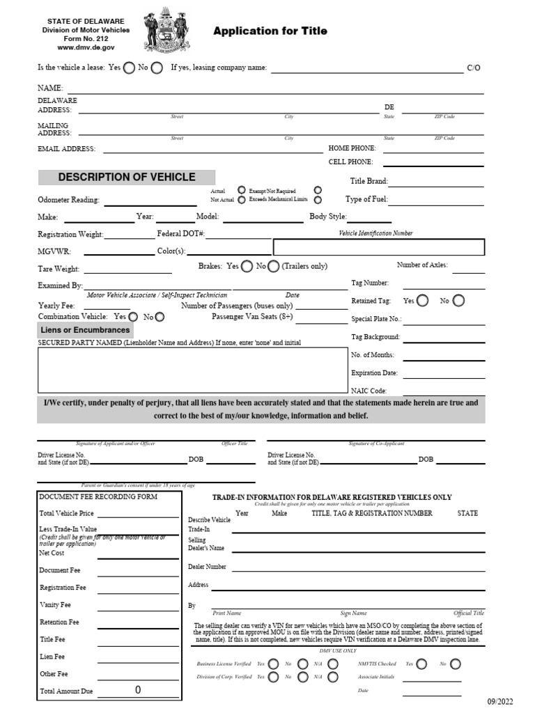 Delaware - Applicatio For Title mv212 - Application - For - Title | PDF ...